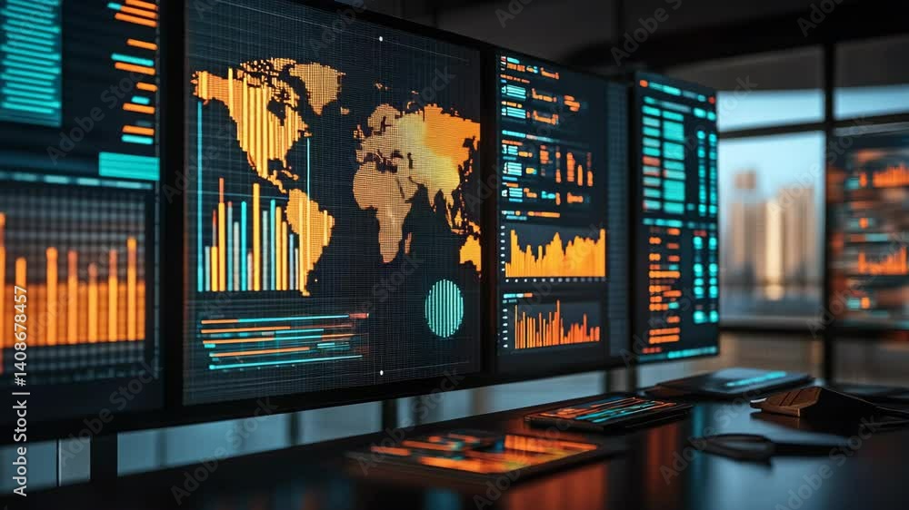 Multiple monitors display world map, graphs, data sets, information ...