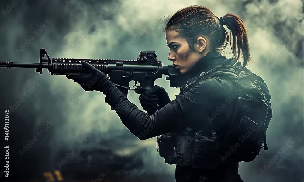 Armed Female Soldier Aiming Rifle in War zone Ruins, Wearing Tactical ...