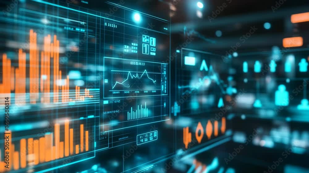A high-tech digital dashboard showcasing glowing data visualizations ...