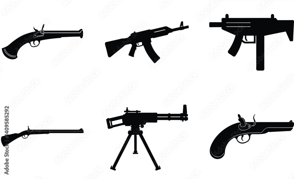 Póster Firearms Vector Collection – Gun and Weapon Illustration Set ...