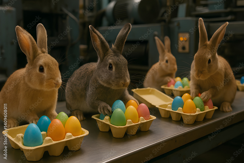 Poster Rabbits packing colorful Easter eggs in trays on factory ...
