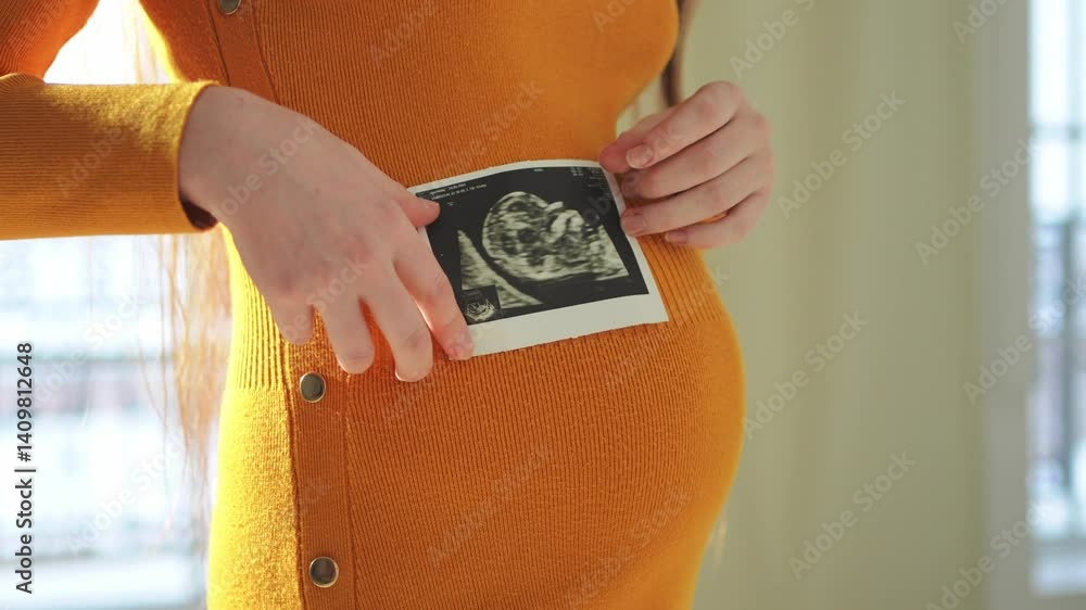 Prenatal ultrasound screening. Pregnant woman hands holding sonogram ...