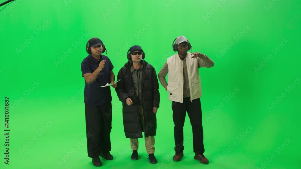 Three Male Pit Members stand on Green Screen Chroma Key Background ...