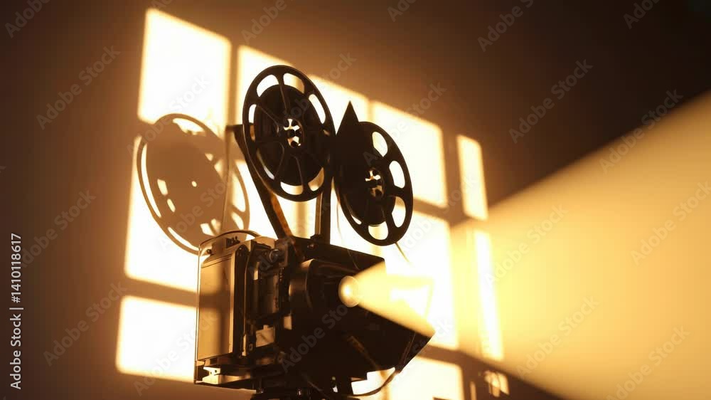 Light beam from vintage movie projector illuminates dark room, creating ...