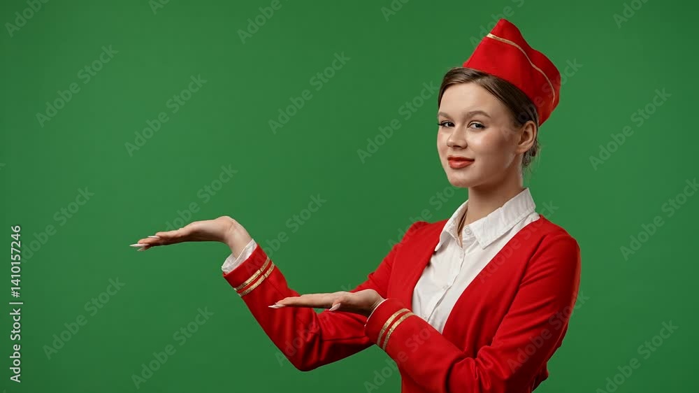 Woman dressed as stewardess air hostess in red uniform pointing hand ...