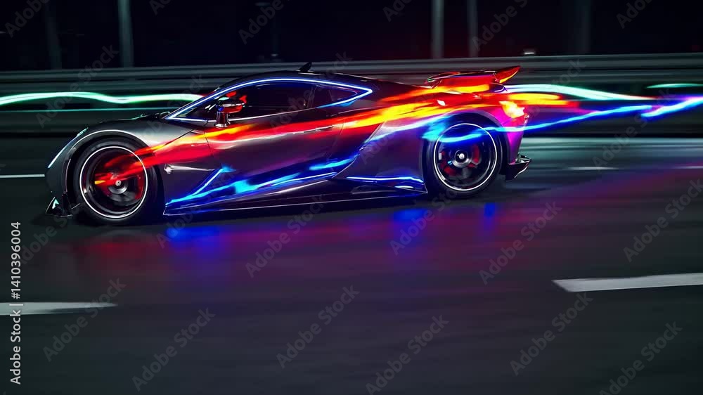 Electric hypercar glides under night sky ablaze with color streaks ...