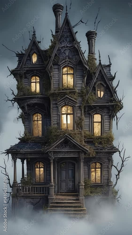 Large weathered manor house with aged facade, glowing windows, gothic ...