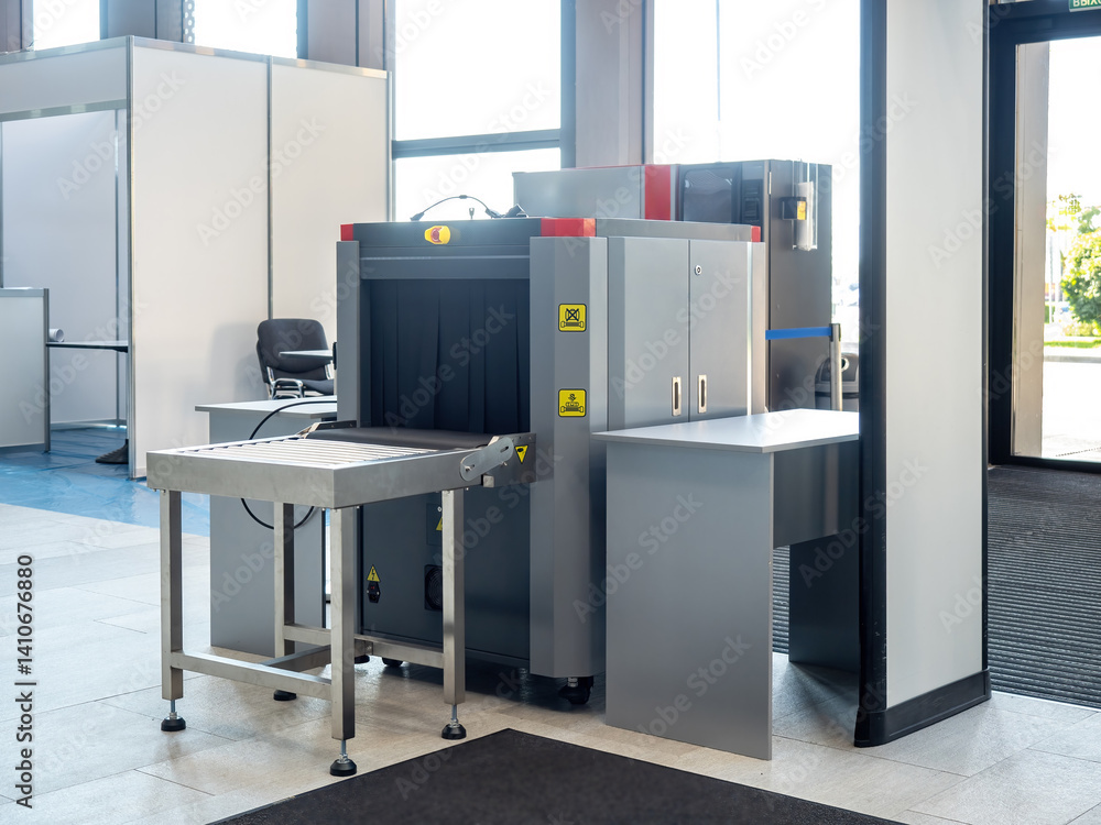 Poster X-ray baggage scanner with conveyor belt at an entry checkpoint ...