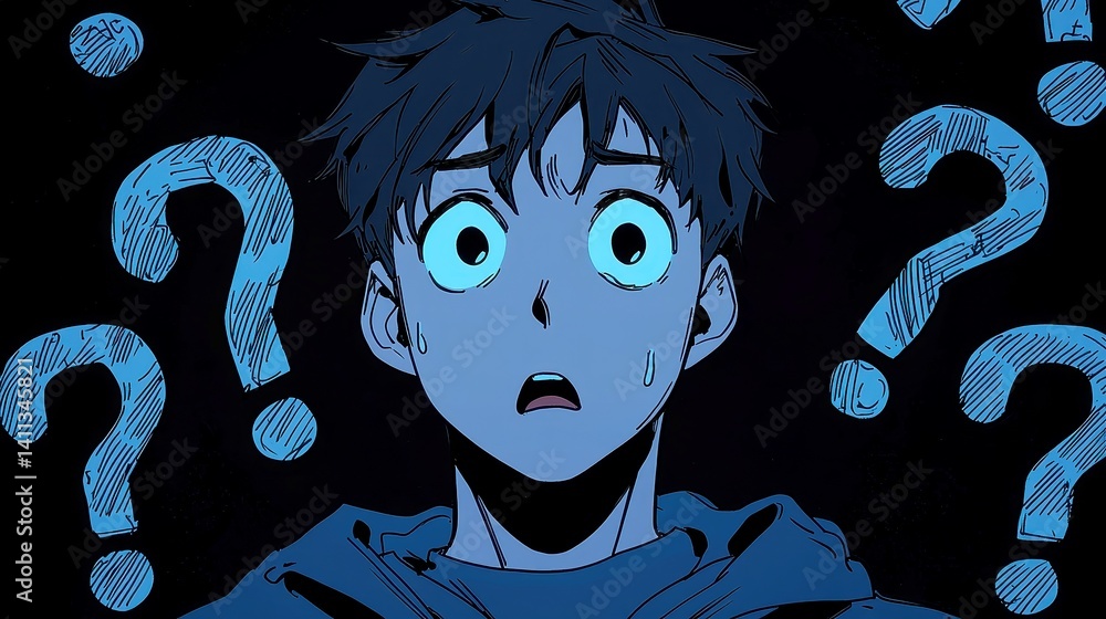 Poster Confused Character Surrounded by Exaggerated Question Marks, a ...