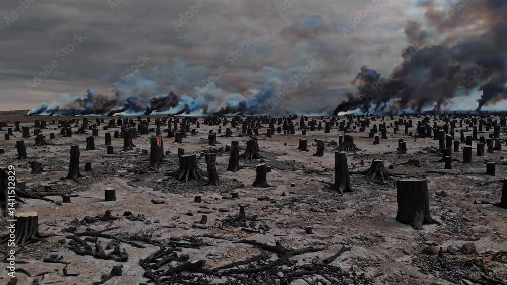 Devastated landscape shows charred tree stumps smoldering smoking after ...