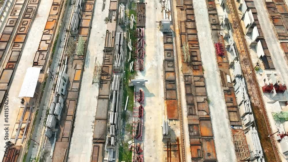 An aerial view of the precast factory showcases a well-organized layout ...