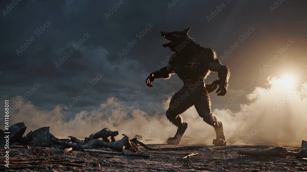 the werewolf emerges from the swirling dust in a twisted pose; the ...