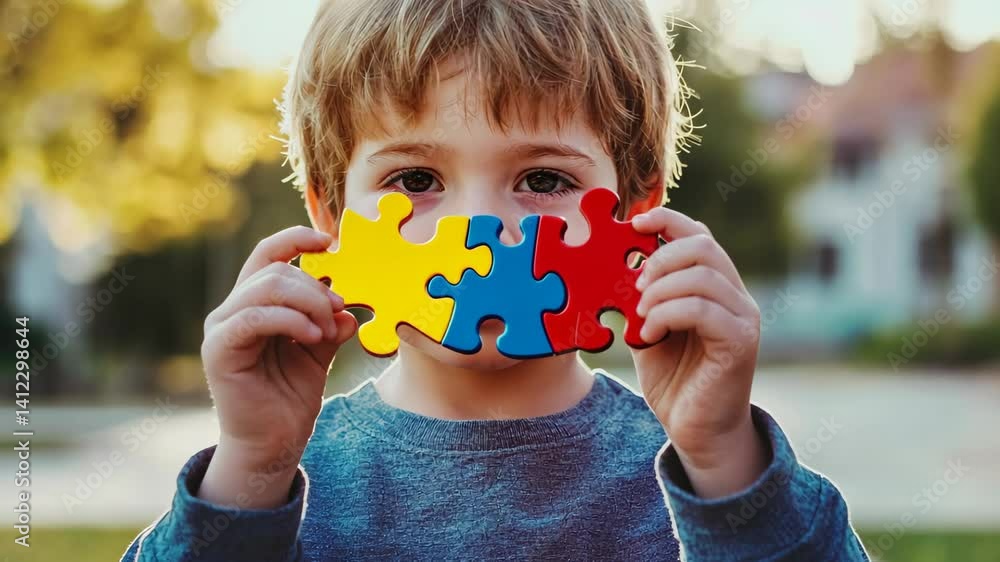 Autistic boy looks thoughtfully at the camera holding puzzles in front ...