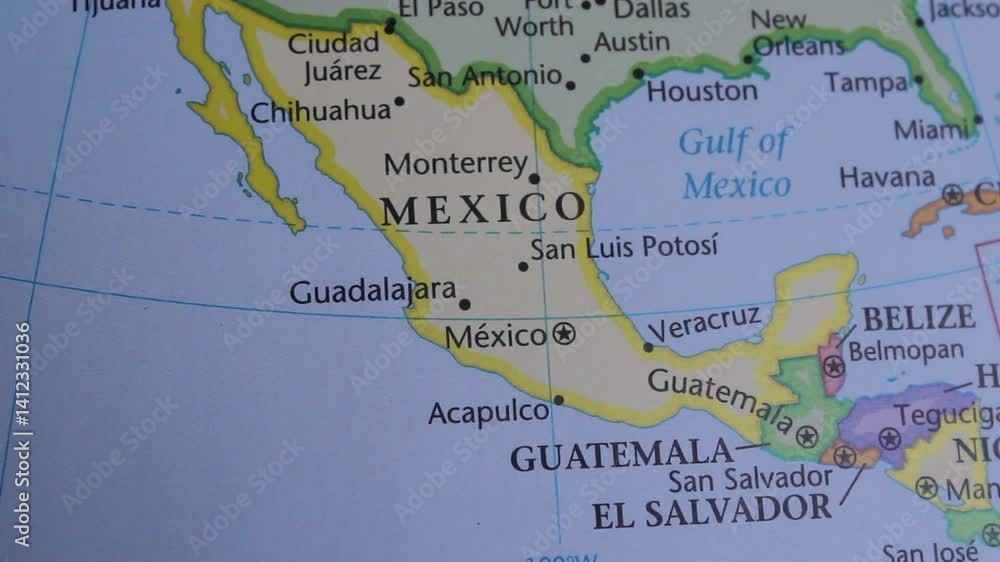 close up of the country of Mexico viewed on a wold map as a travel ...