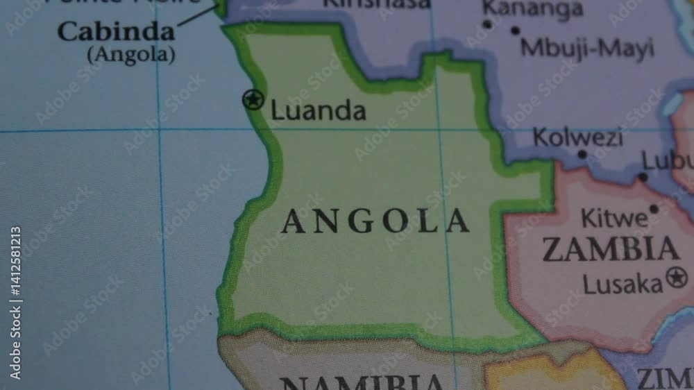 close up of the country of Angola viewed on a wold map as a travel ...