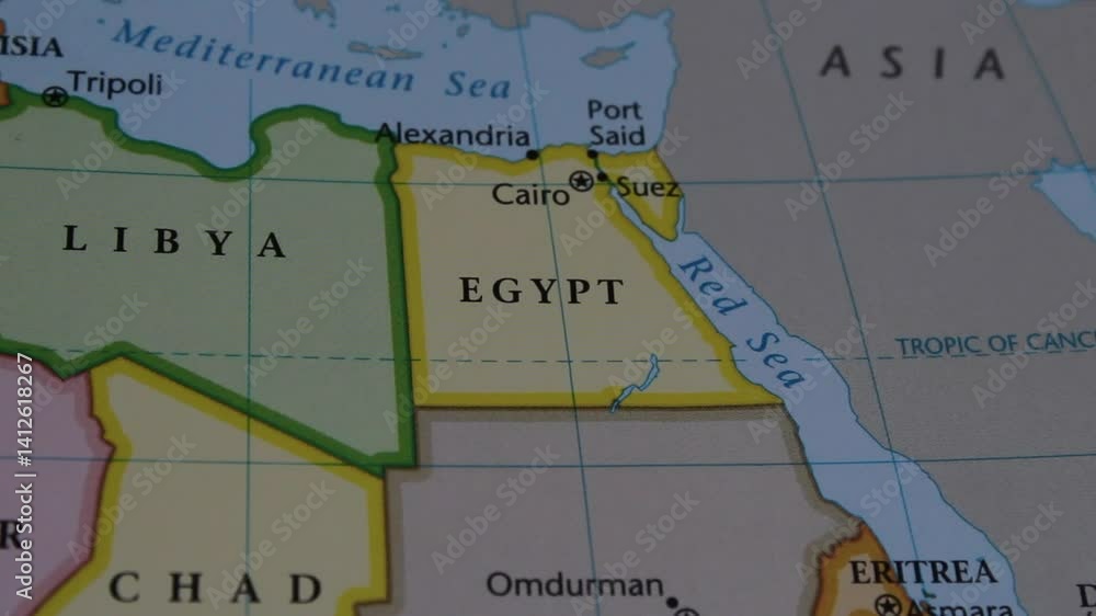 close up of the country of Egypt viewed on a wold map as a travel ...