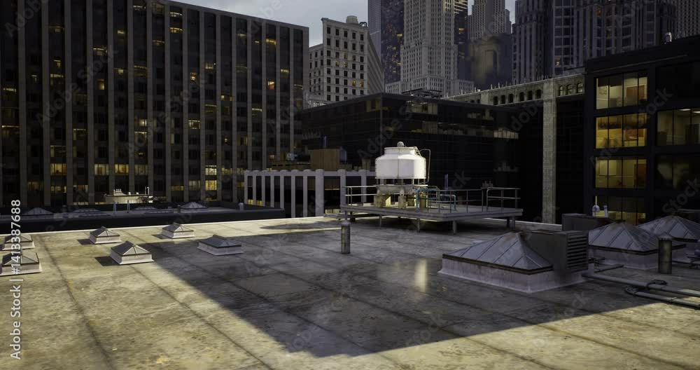 Rooftop setting in a bustling city with diverse architectural styles ...