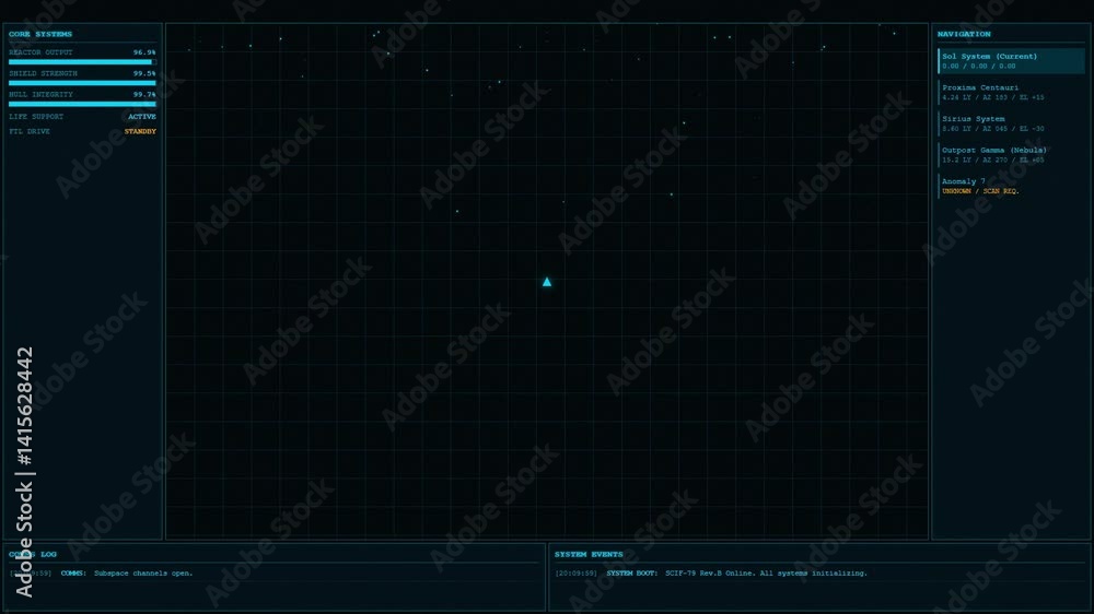 Sleek sci-fi starship command interface simulation. Features a dark theme with cyan readouts, a ...