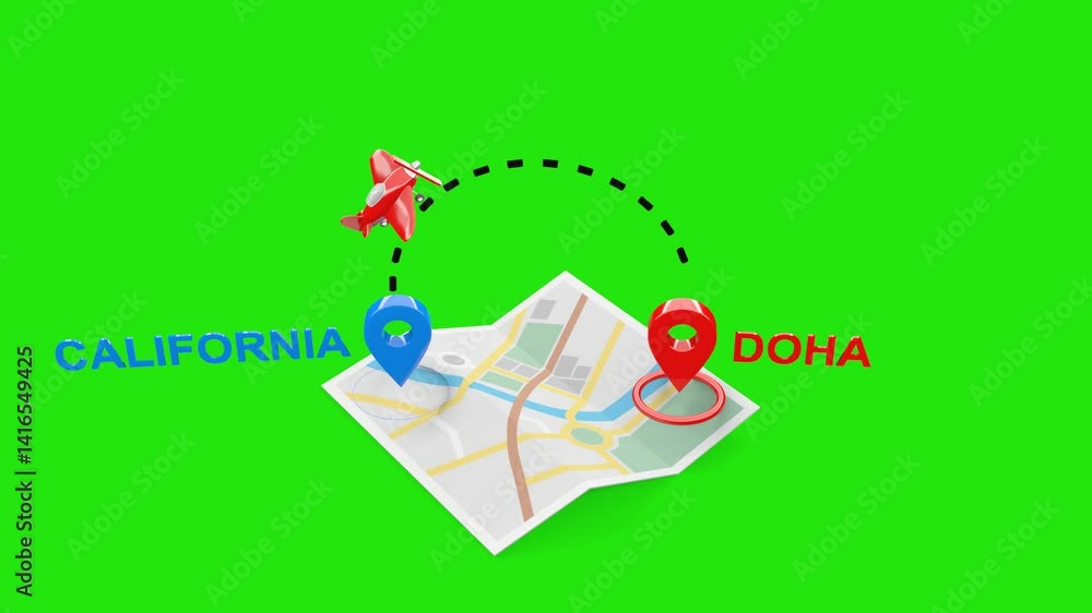 California to Doha 3D Flight Animation with Airplane, Map, and Green ...