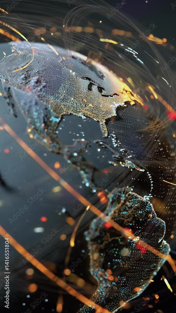 virtual 3D globe glowing, animated trade routes and satellite orbits ...