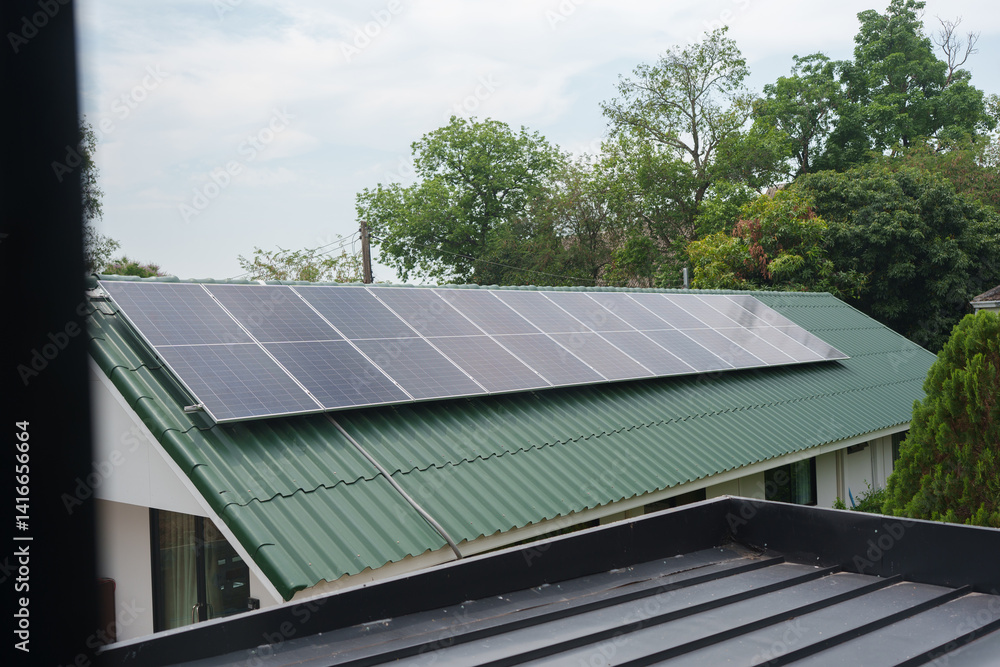 Poster Photovoltaic cells installed on a residential rooftop are ...