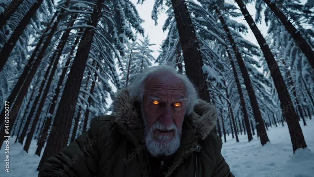 Vidéo Stock Pale-eyed man stands in snow-laden woods, elder werewolf ...
