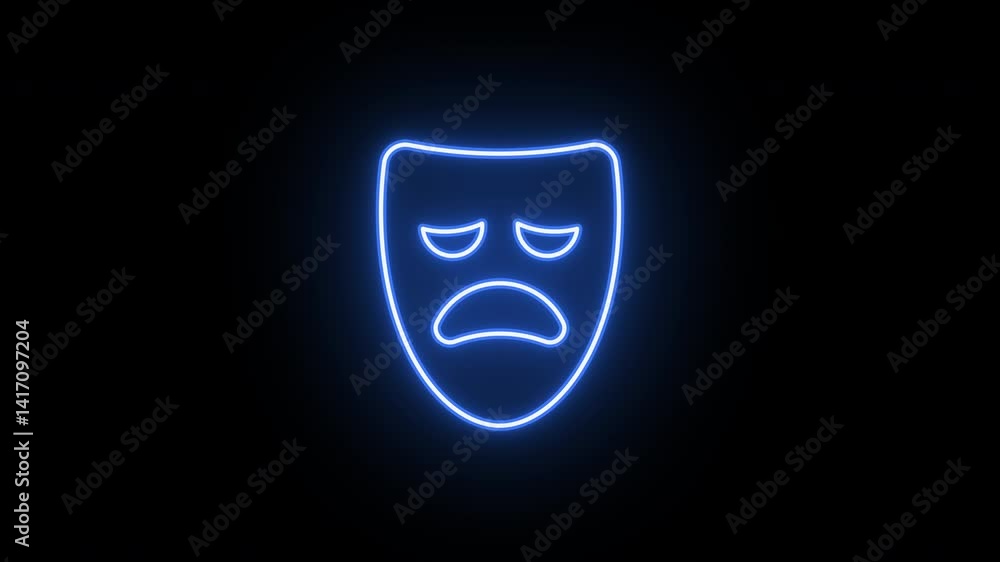 Neon tragedy mask icon, flickering emergence and fading. Glowing neon ...