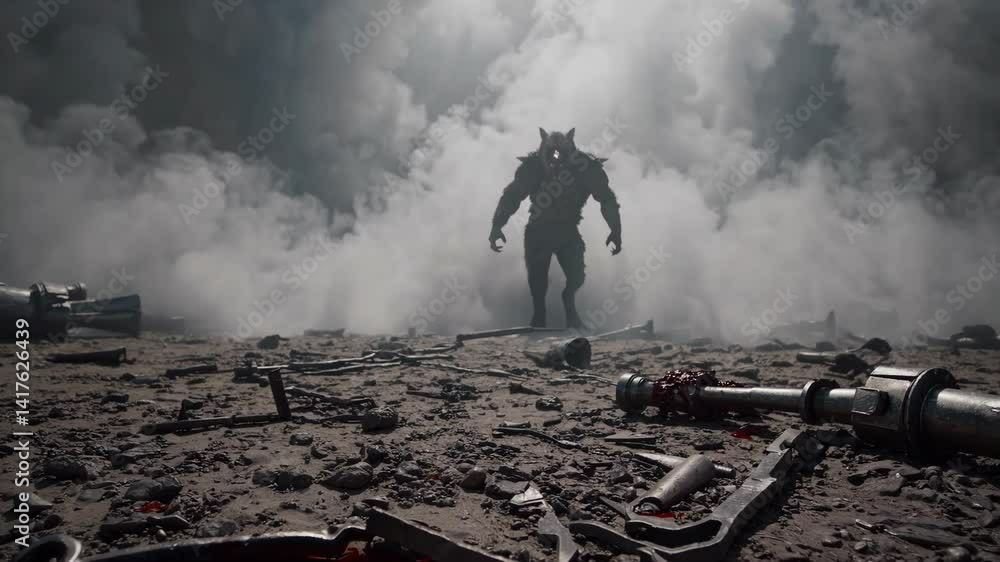 Silhouette emerges from swirling fog in ruin-strewn land, werewolf ...