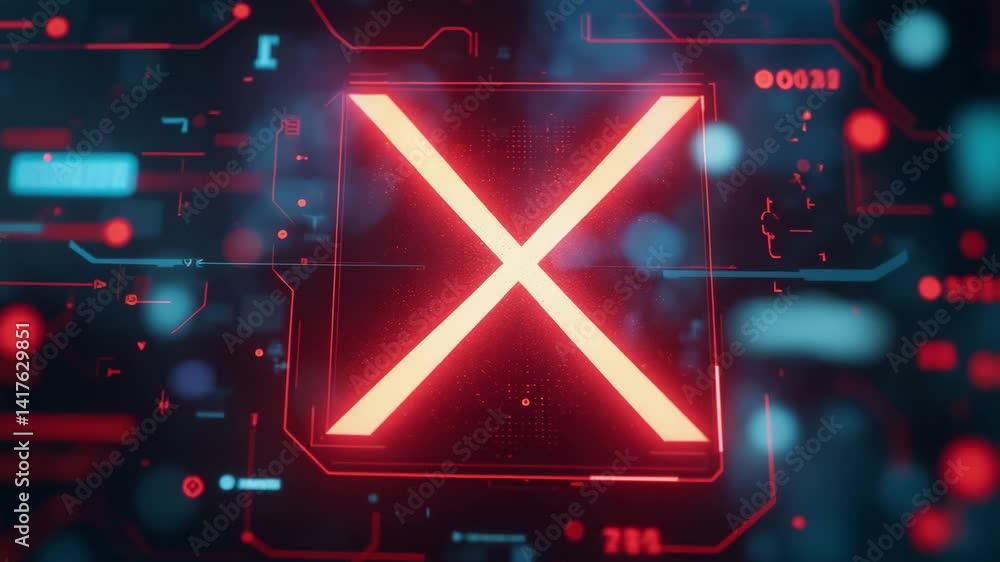 A X symbol appears in red light on a transparent HUD interface. It ...