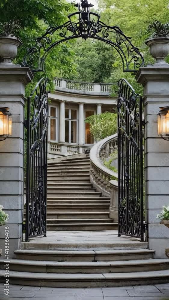 Ornate wrought iron gate leading to a stone staircase, a luxury ...