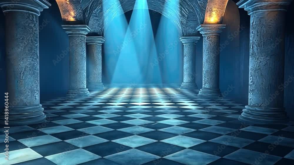 Mysterious Blue Lit Grand Hall with Checkered Floor and Columns Stock ...