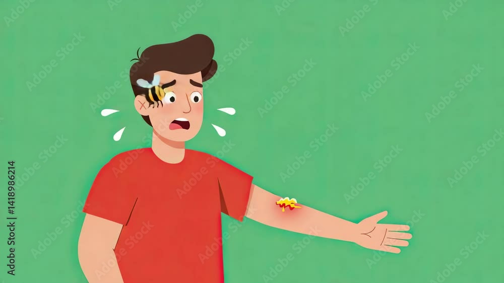 Flat cartoon-style character reacting to insect bite and scratching ...