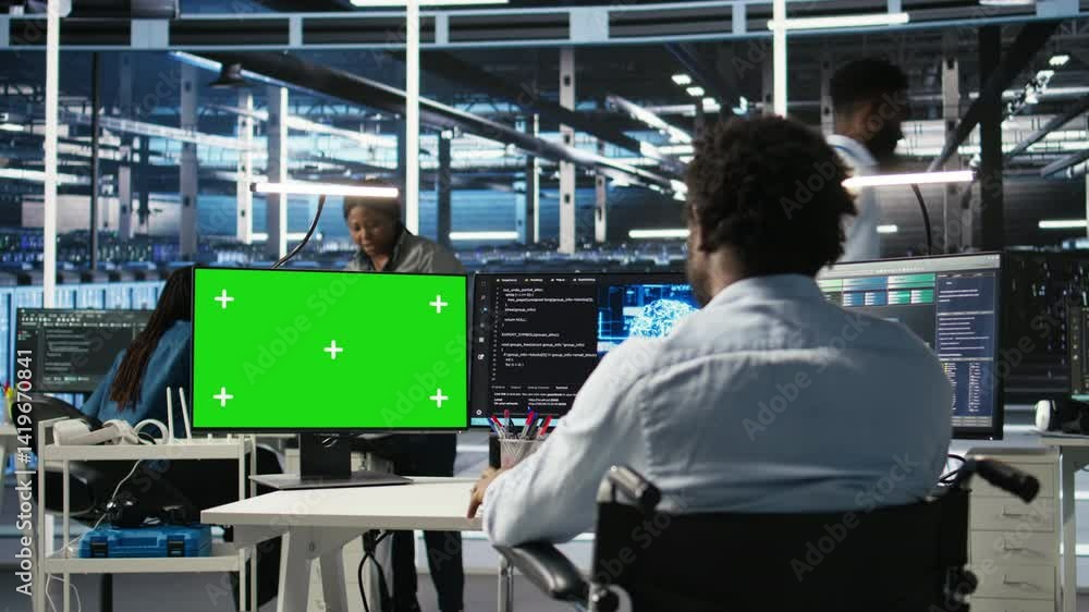 Data center worker with paraplegia using green screen PC to apply node tree programming. Server ...