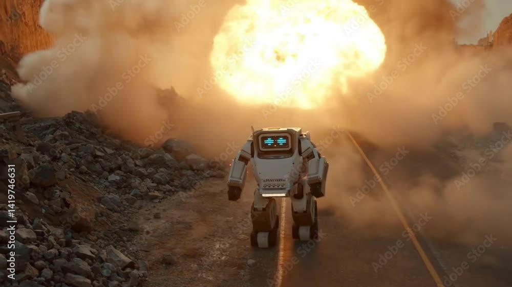 A humanoid futuristic robot escaping a massive explosion in desert road ...