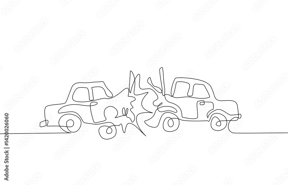 Poster Continuous one line hand drawn of a car crash, depicting two old ...