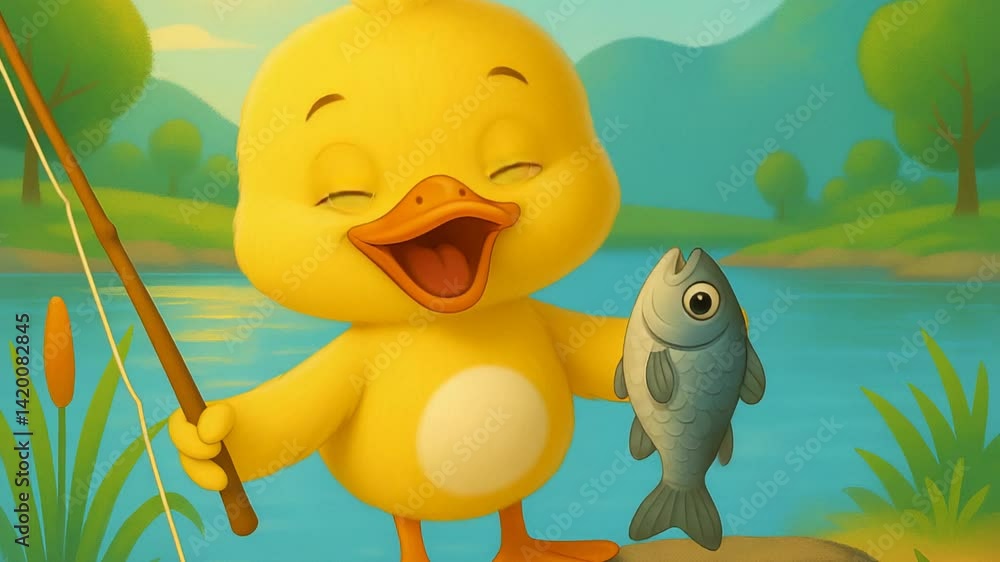 Cute cartoon duck holding fish and fishing rod by lake on sunny day ...