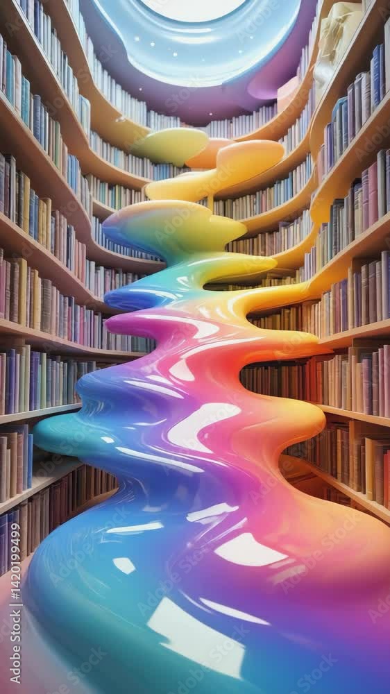 Colorful liquid flows through curving bookshelf, creative bookshelf art ...