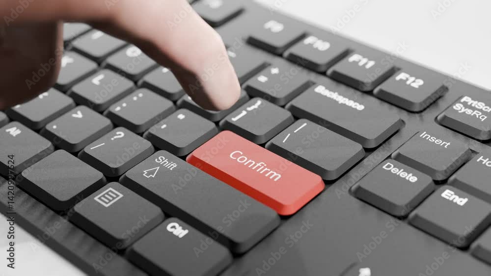 Hand About to Press Red "Confirm" Button on Black Keyboard, 3D Keyboard ...