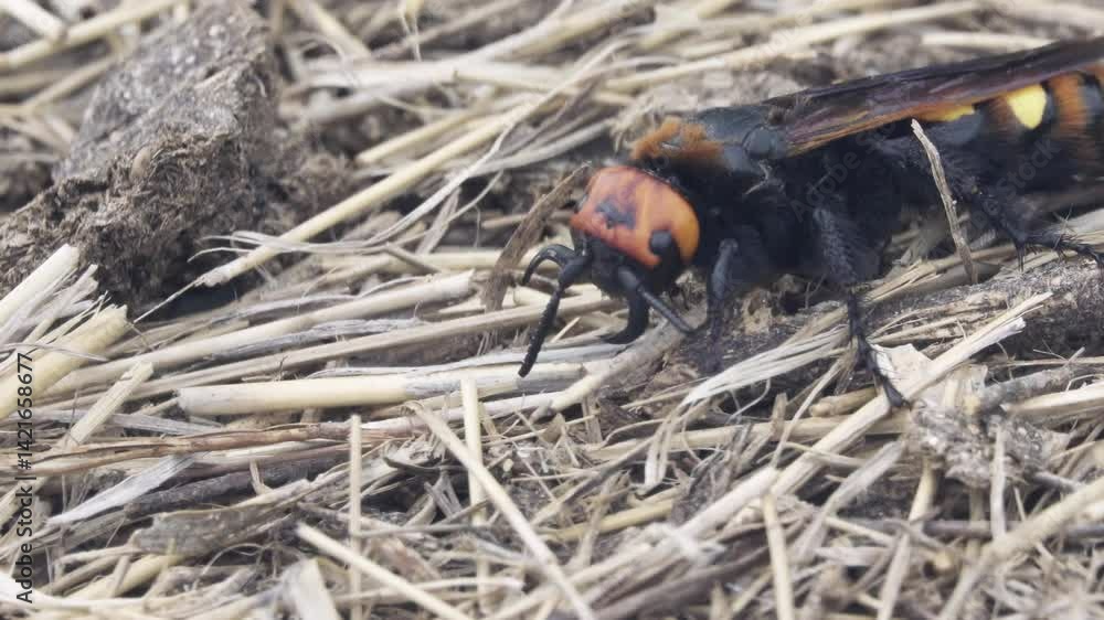 Mammoth wasp (Megascolia maculata, male, largest Hymenoptera) digs ...