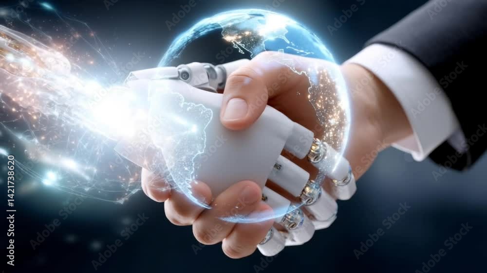 Stockvideon human handshake with robotic arm over digital globe scene ...