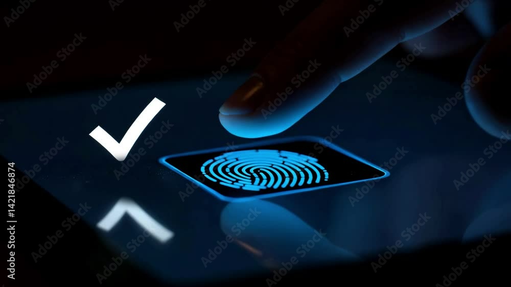 Hand verifying fingerprint scan on futuristic touchscreen interface ...