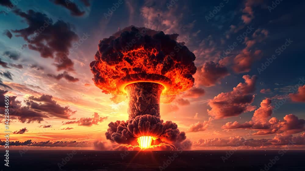 Devastating nuclear explosion forms a mushroom cloud, depicting a ...