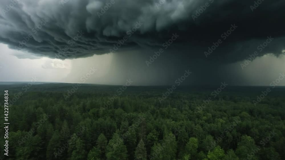 Heavy storm over a dense forest captured in dramatic light, thick storm ...
