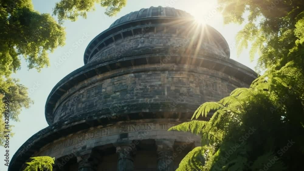 Low-angle close-up of an iconic cultural landmark, lens flare from ...