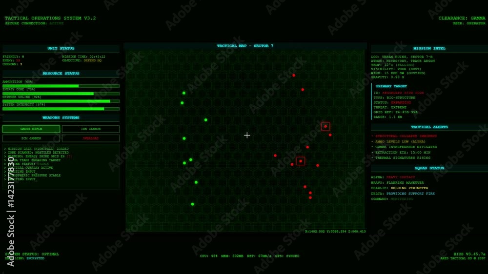 Animated retro sci-fi tactical command interface. Green CRT display ...