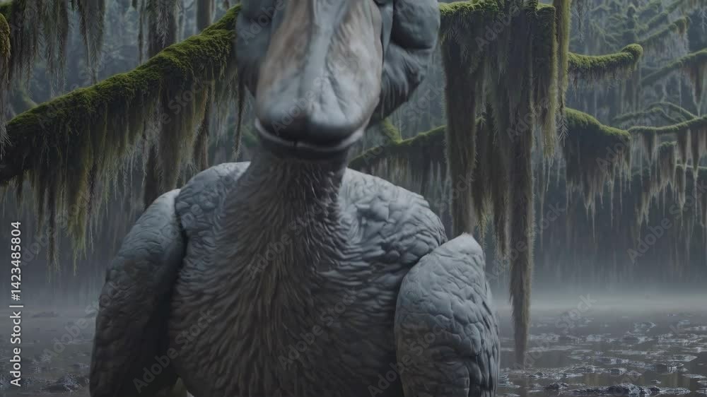 Prehistoric shoebill stork wading through misty, dense wetlands, moving ...