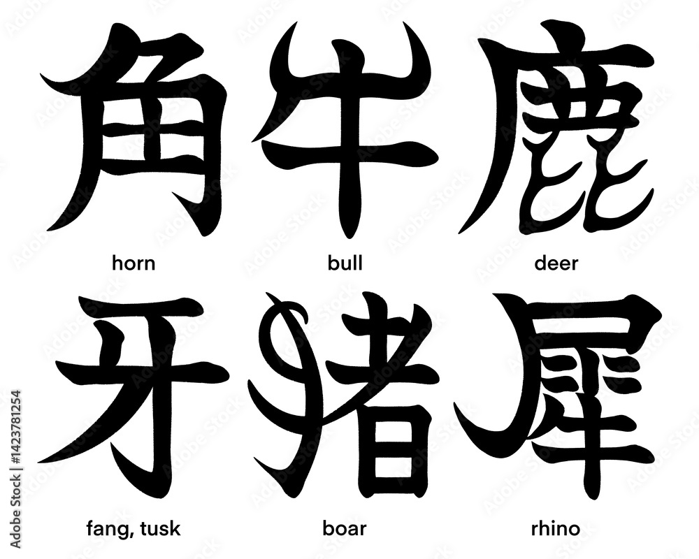 Poster Pictorial Japanese kanji characters for various animals isolated ...