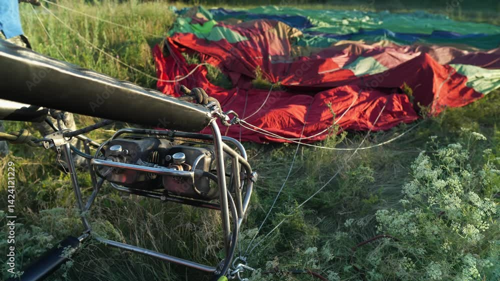 Man is preparing deflated hot air balloon lying on the ground for the ...