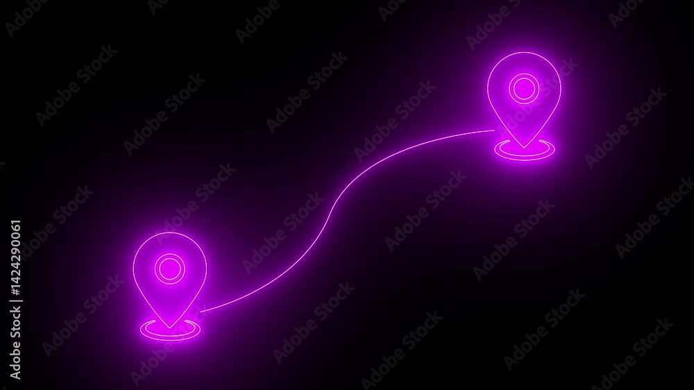 Neon location map symbol on black background directions from one place ...