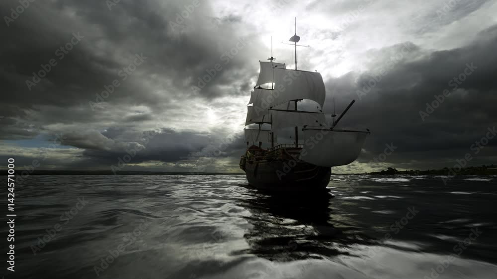 Pirate ship sailing through stormy ocean. Big scary galleon moving ...